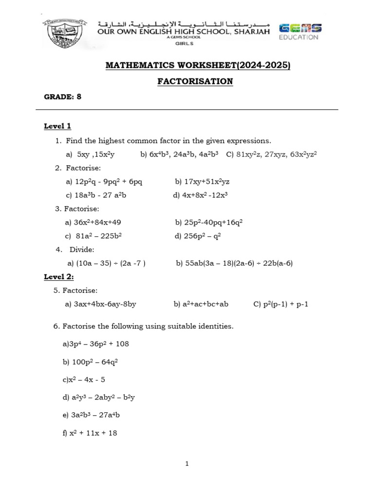 Grade 8 Math Factorisation Worksheet | PDF