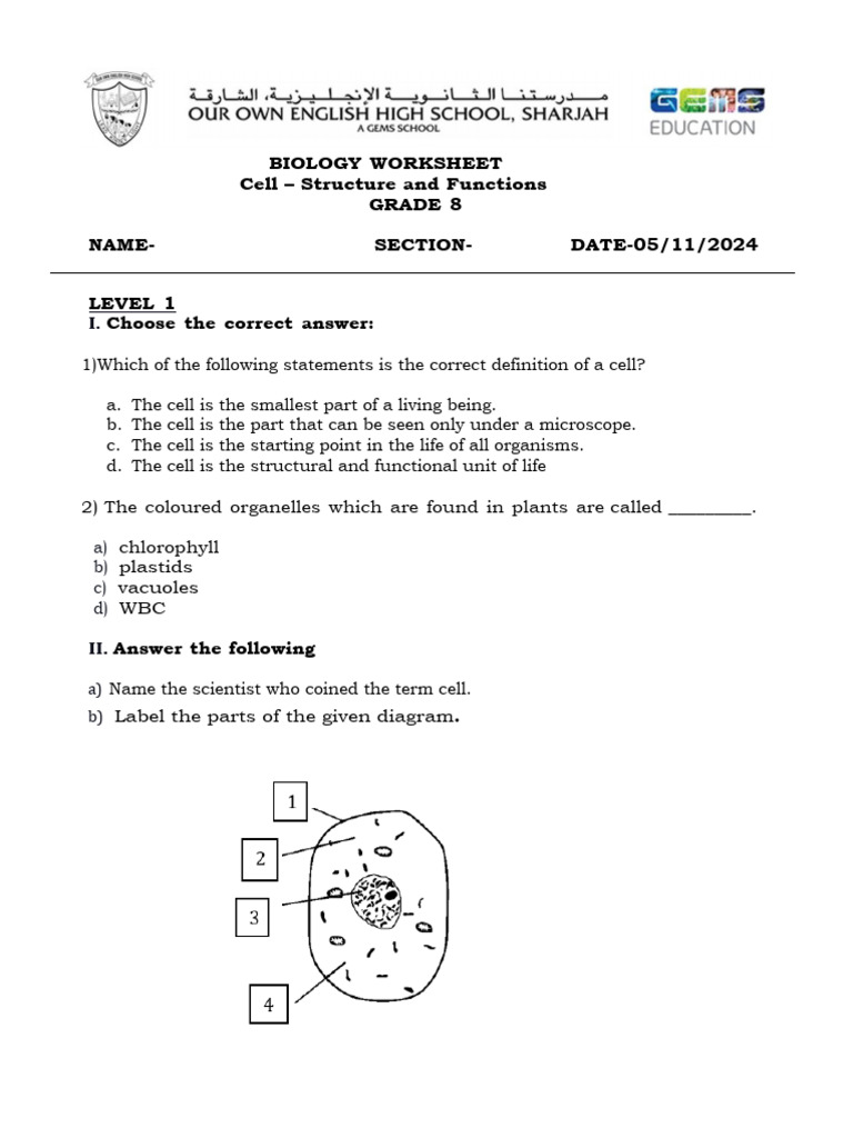 Cell-Structure and Functions Worksheet | PDF | Cell (Biology) | Chloroplast