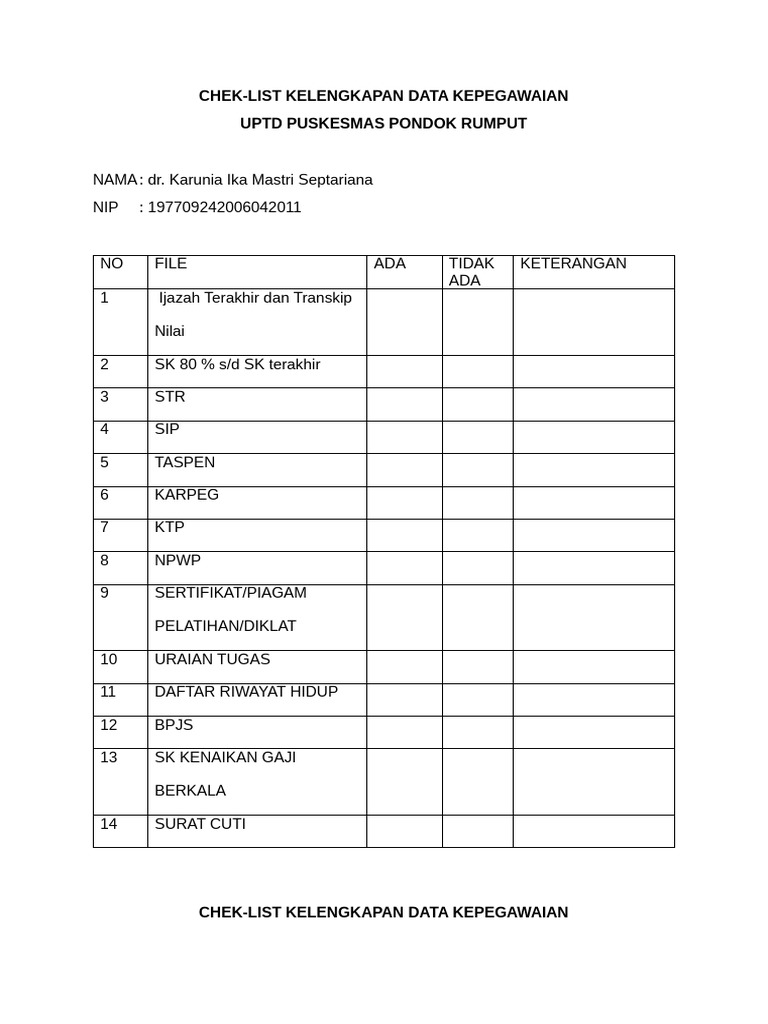 Chek - List Dokumen Kepegawaian | PDF