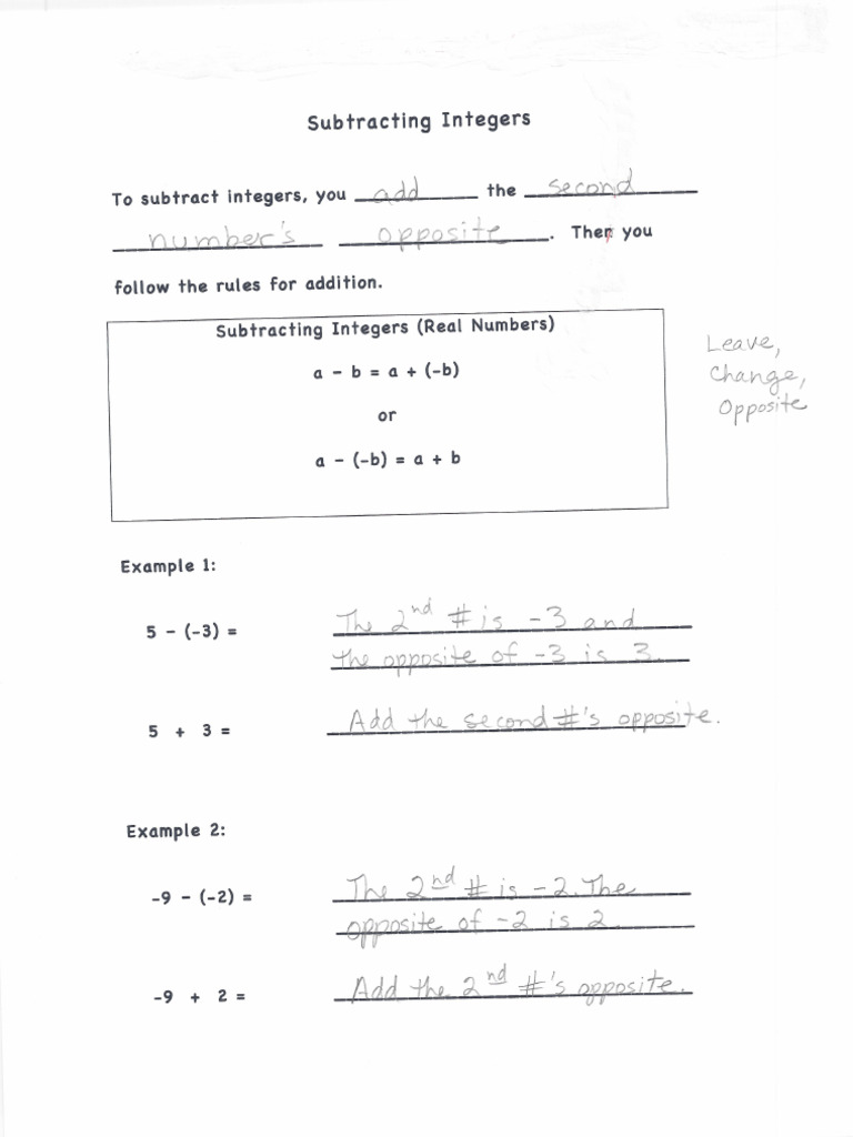 Notes Subtracting Integers Completed | PDF