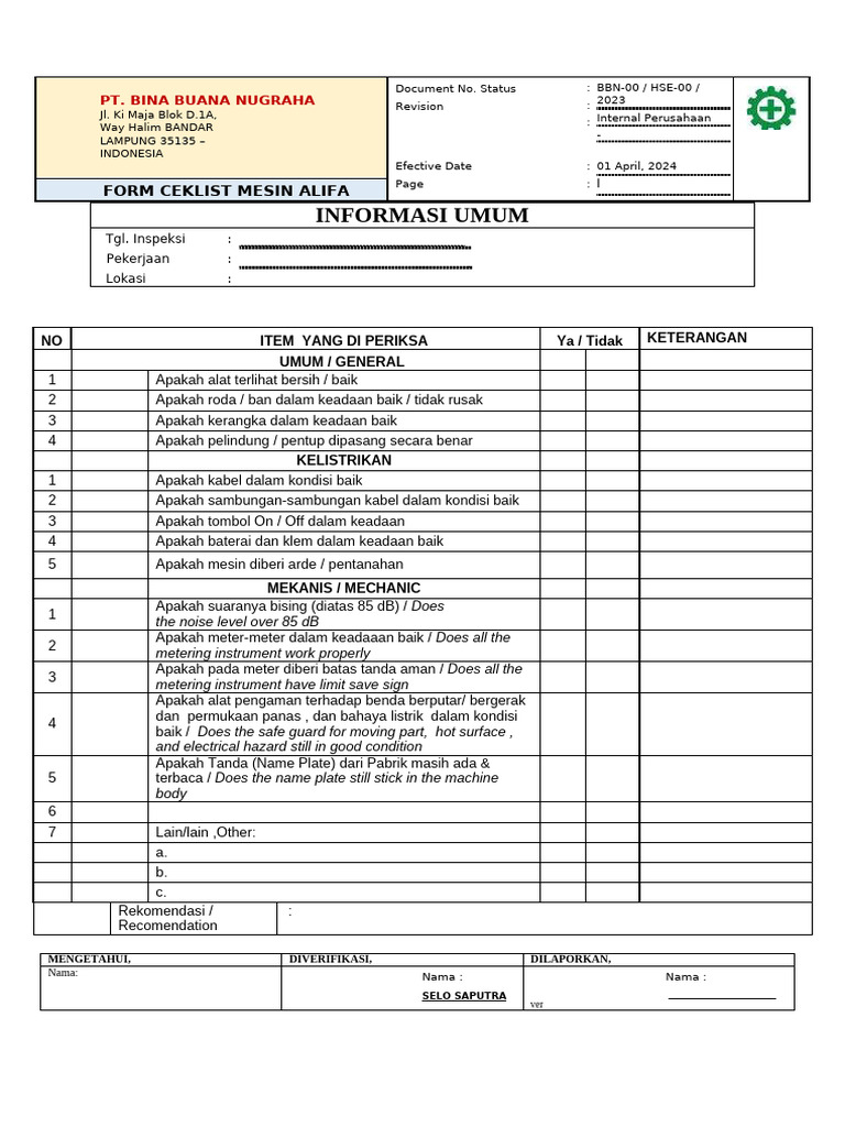 Form Inspek Alifa | PDF