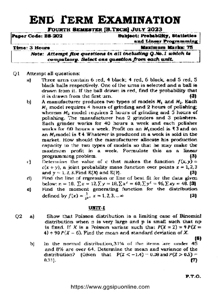 Btech Bs 4 Sem Probability Statistics and Linear Programming Bs 202 Jul 2023 | PDF