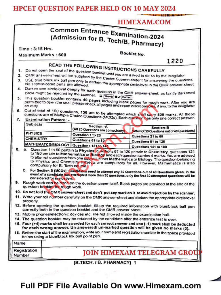HPCET 2024 Himexam - Com - Compressed | PDF