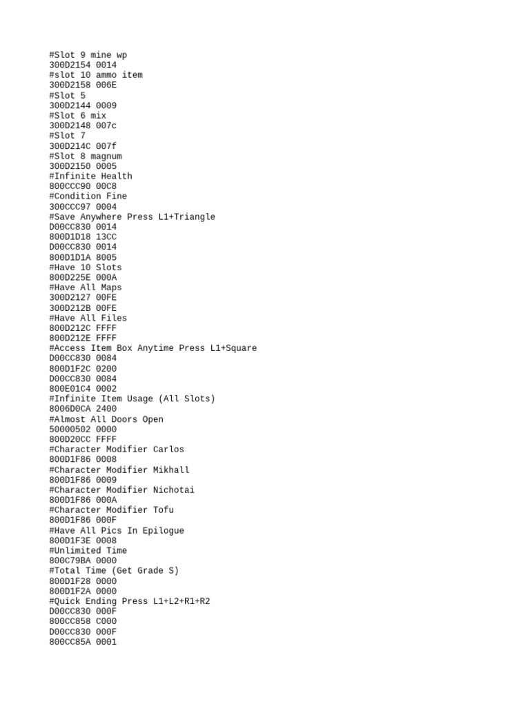 Resident Evil 3 Cheat Codes Guide | PDF