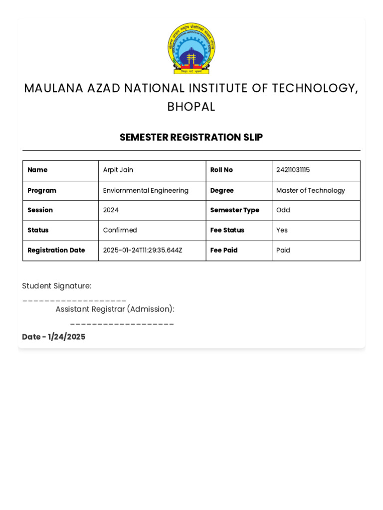 M.Tech Registration Confirmation | PDF