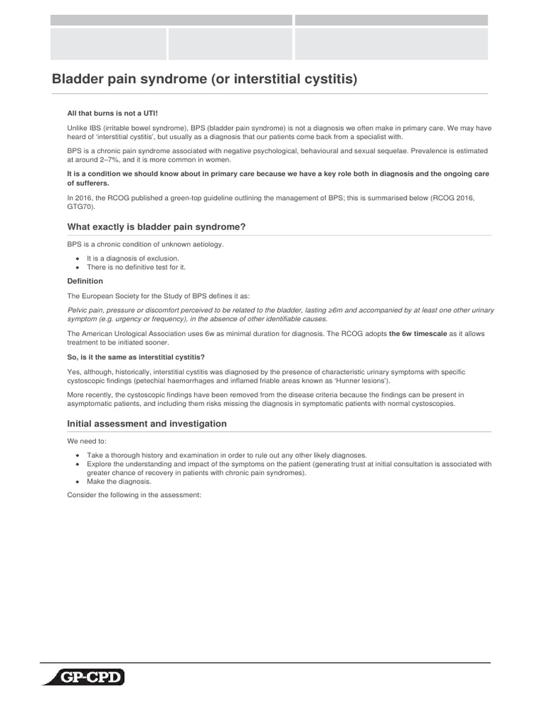 Bladder Pain Syndrome (Or Interstitial Cystitis) | PDF | Urinary Tract Infection | Clinical Medicine