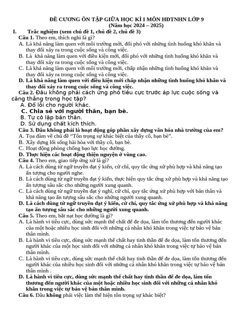 Đề Cương Hđtnhn Lớp 9 Ghki | PDF