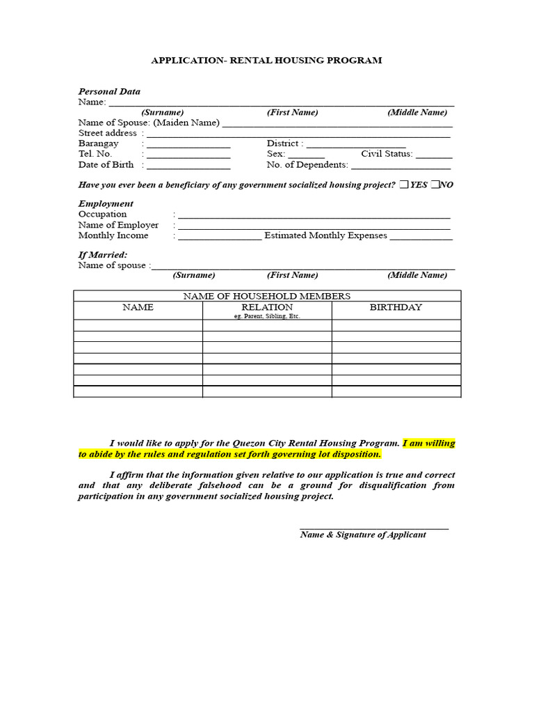 Application Form For Rental Housing | PDF