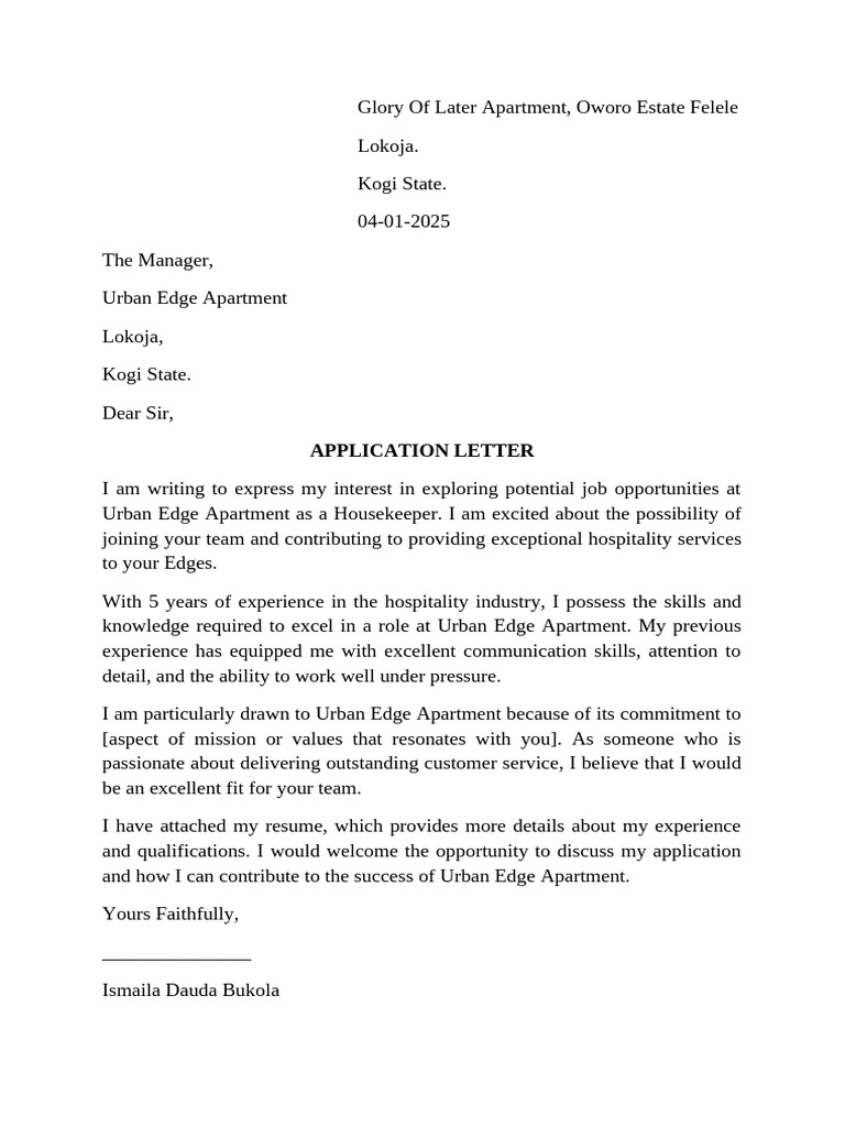 Housekeeper Application for Urban Edge Apartment | PDF