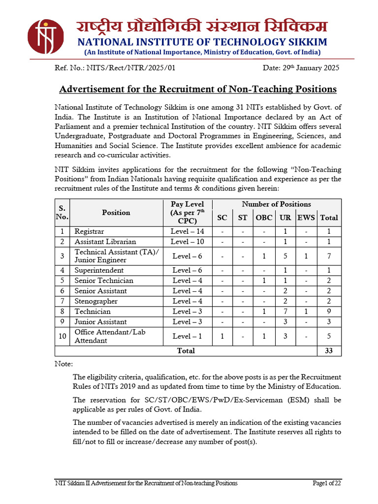 NIT Sikkim Recruitment 2025 Notification | PDF | Academic Degree | Recruitment