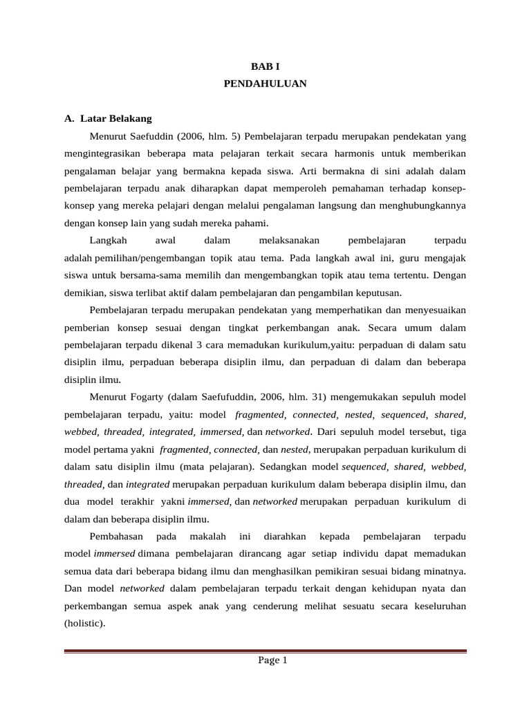 Pembelajaran Terpadu: Model Immersed & Networked | PDF