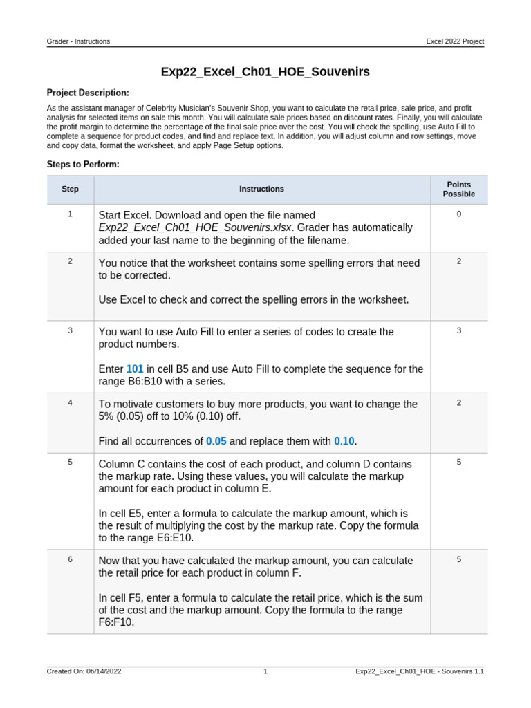 Exp22 Excel Ch01 HOE Souvenirs Instructions | PDF | Microsoft Excel | Worksheet