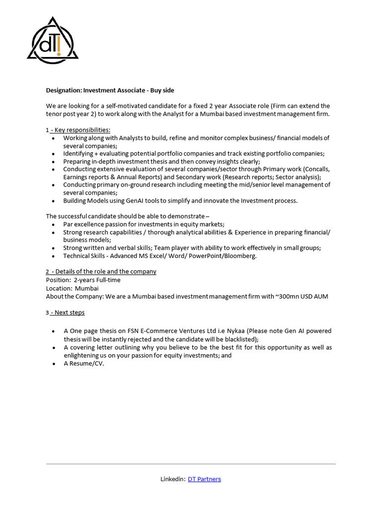 Investment Associate Role in Mumbai | PDF