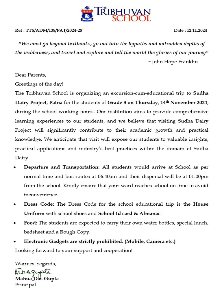 Gr.8 Circular Excursion Trip Sudha Dairy R 202425 | PDF