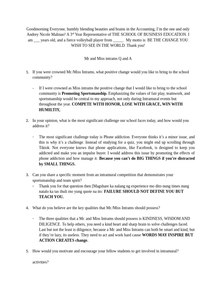 MR and Miss Intrams Q and A | PDF | Psychology | Behavior Modification