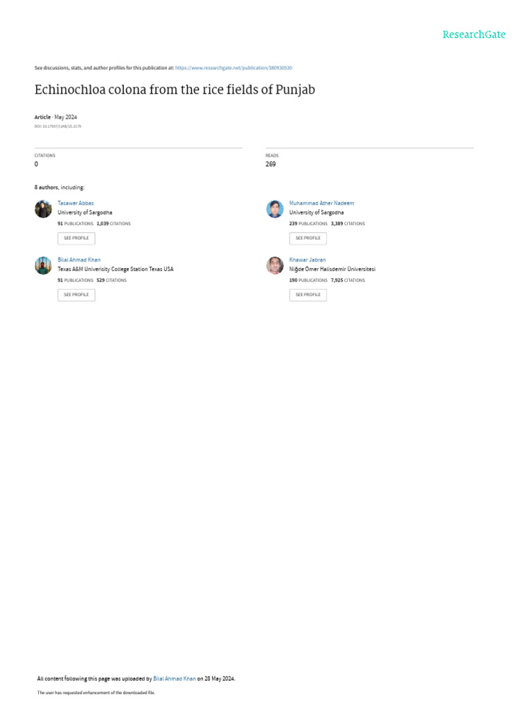 Echinochloa Colona From The Rice Fields of Punjab: Article | PDF ...