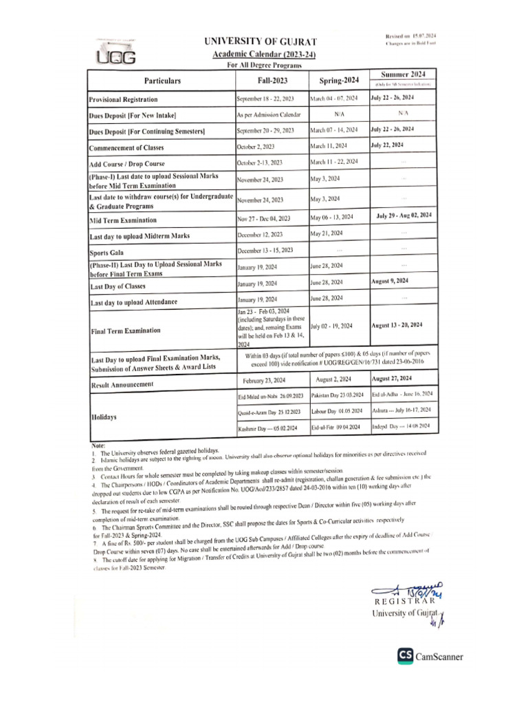 Revised Academic Calendar 2023-24 | PDF