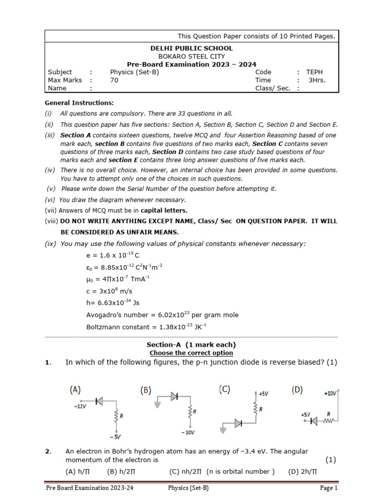 SamplePaper XII Microsoft Word 12 Physics - PB Set B 133725953552386883 | PDF | Atoms | Electron
