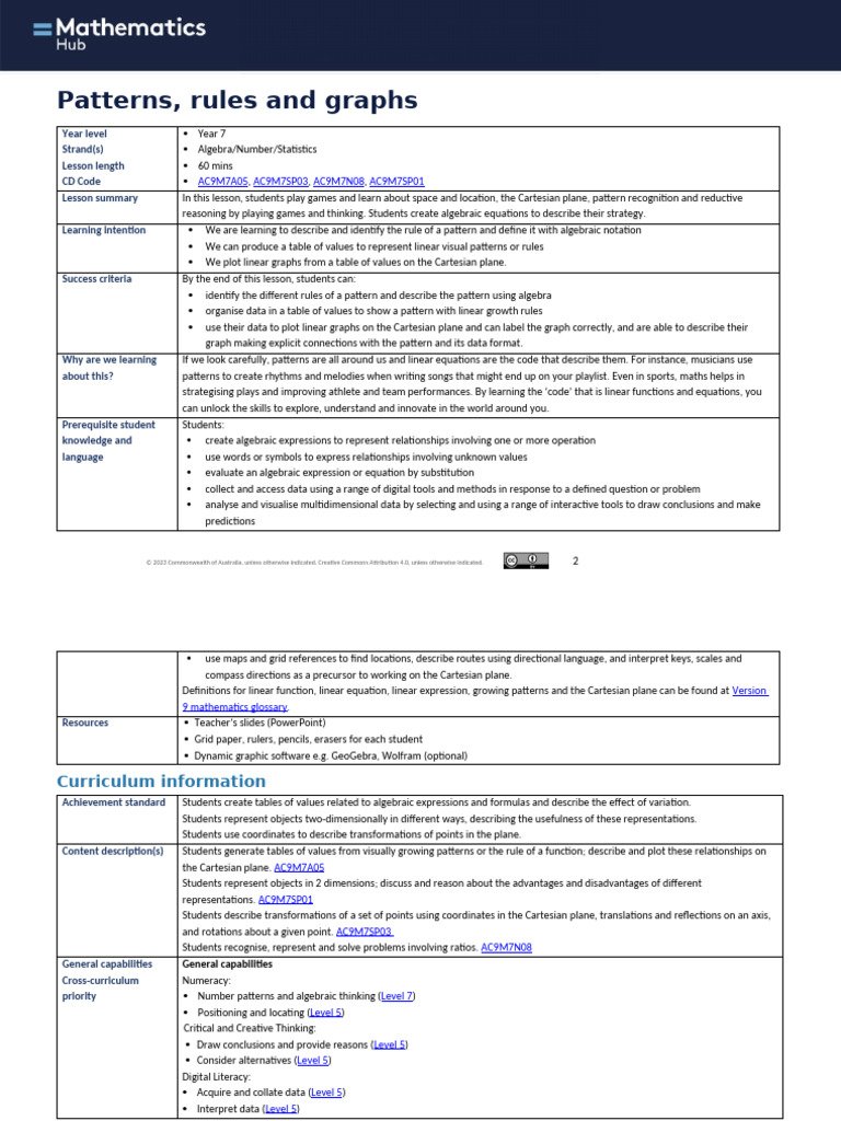 Year 7 Algebra: Patterns & Graphs | PDF | Cartesian Coordinate System ...