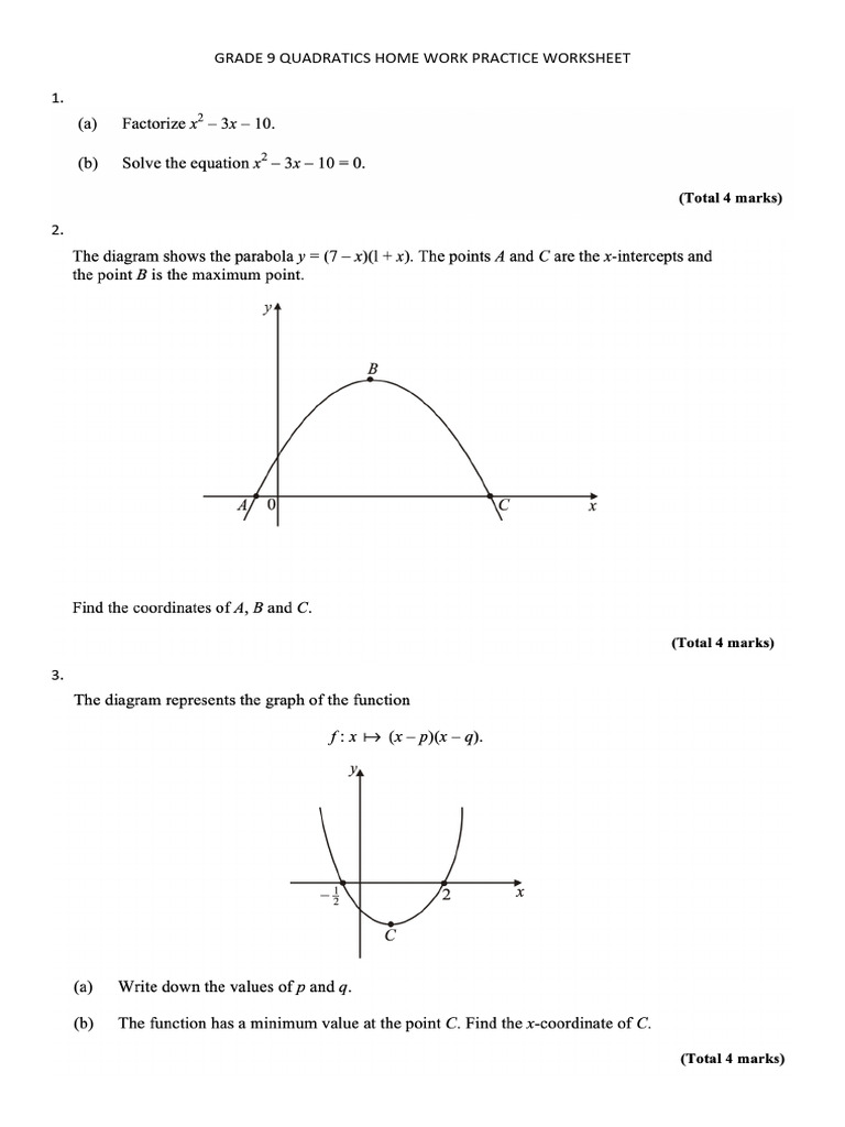 Grade 9 Quadratics Home Work Practice Worksheet | PDF