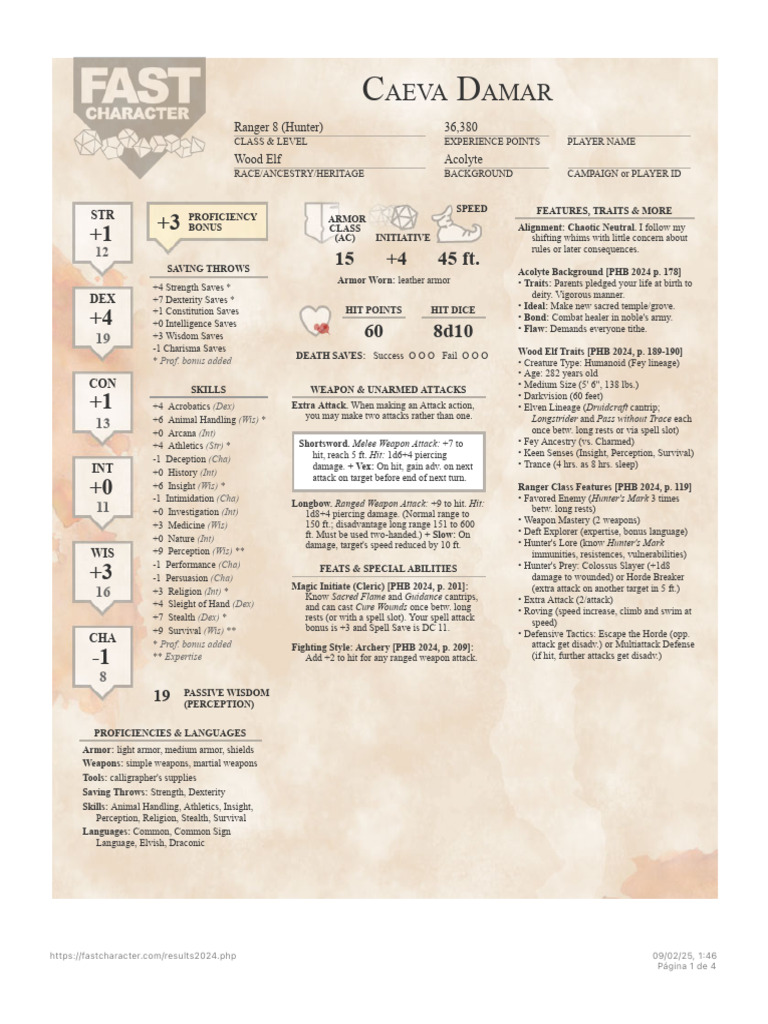Fast Character | Wood Elf Ranger 8 (Hunter) | PHB 2024 | PDF | Dungeons ...