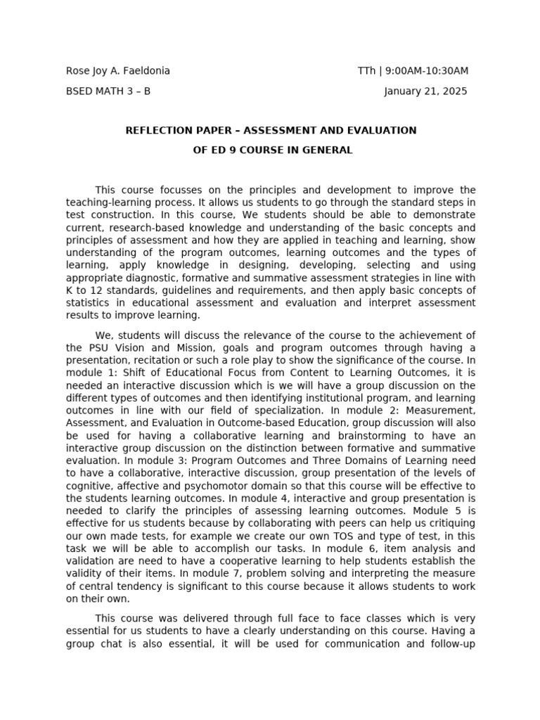Reflection Paper-Assessment and Evaluation of Ed9 Course in General ...
