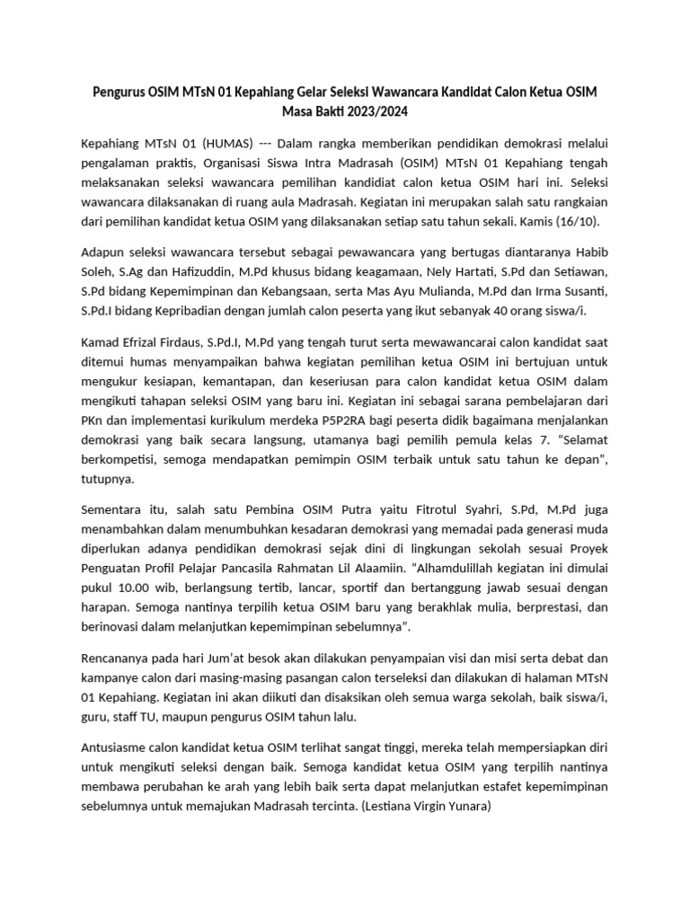 MTSN 01 KPH Ke-10 (Pengurus OSIM Laksnakan Seleksi Wawancara Masa Bakti 2023) | PDF
