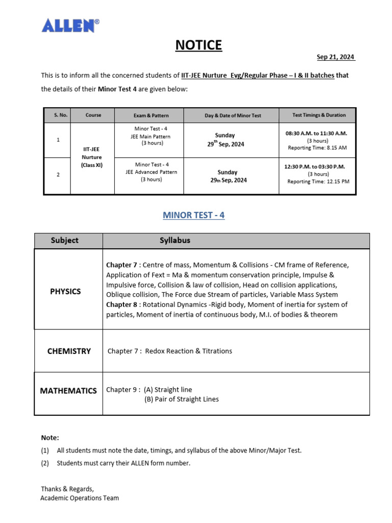 04 JEE Notice (M+a) Nurture Phase-I & II MT-4 On 29-Sep-2024 | PDF