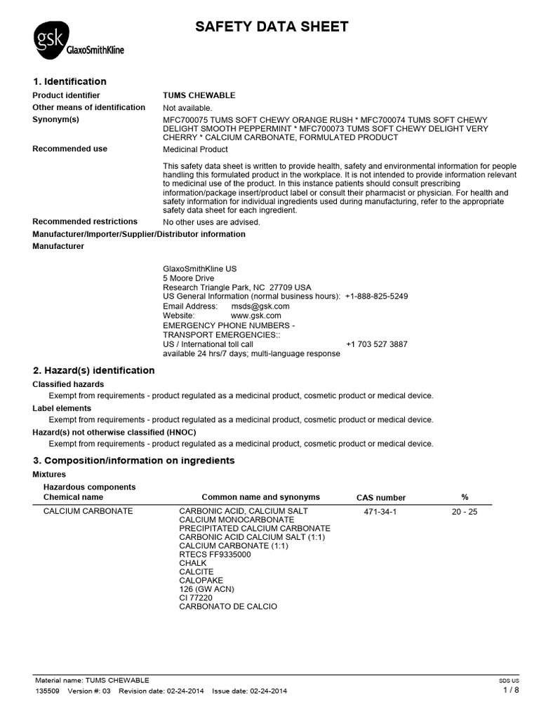 Sds 9glaxo Tums Ex Tab Chew Berry Astd 96bt | PDF | Toxicity | Carcinogen