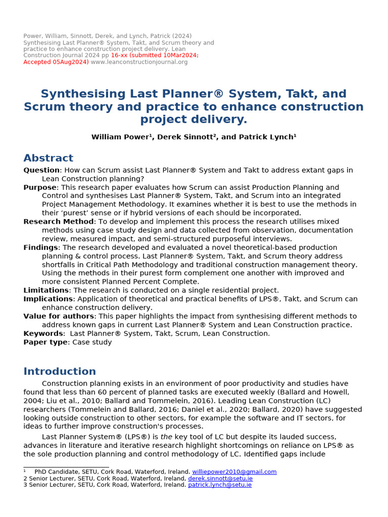 LCJ #24-004 - Synthesising Last Planner® System, Takt, and Scrum Theory ...