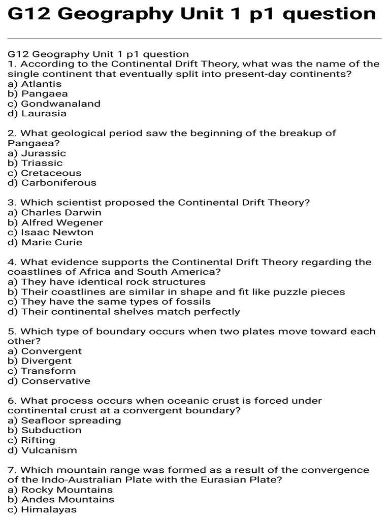 Continental Drift and Plate Tectonics Quiz | PDF | Plate Tectonics | Earth