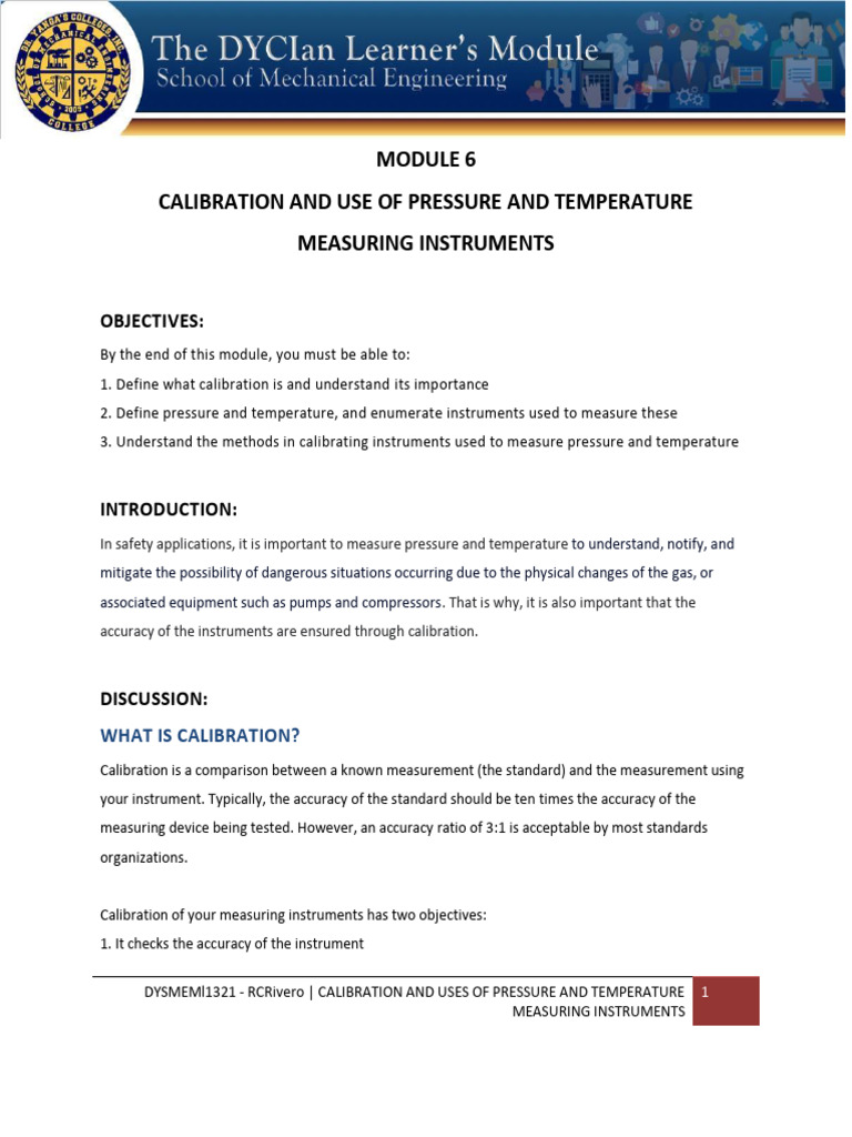 Me Lab 1 Module 6 Calibration and Use of Pressure and Temperature ...