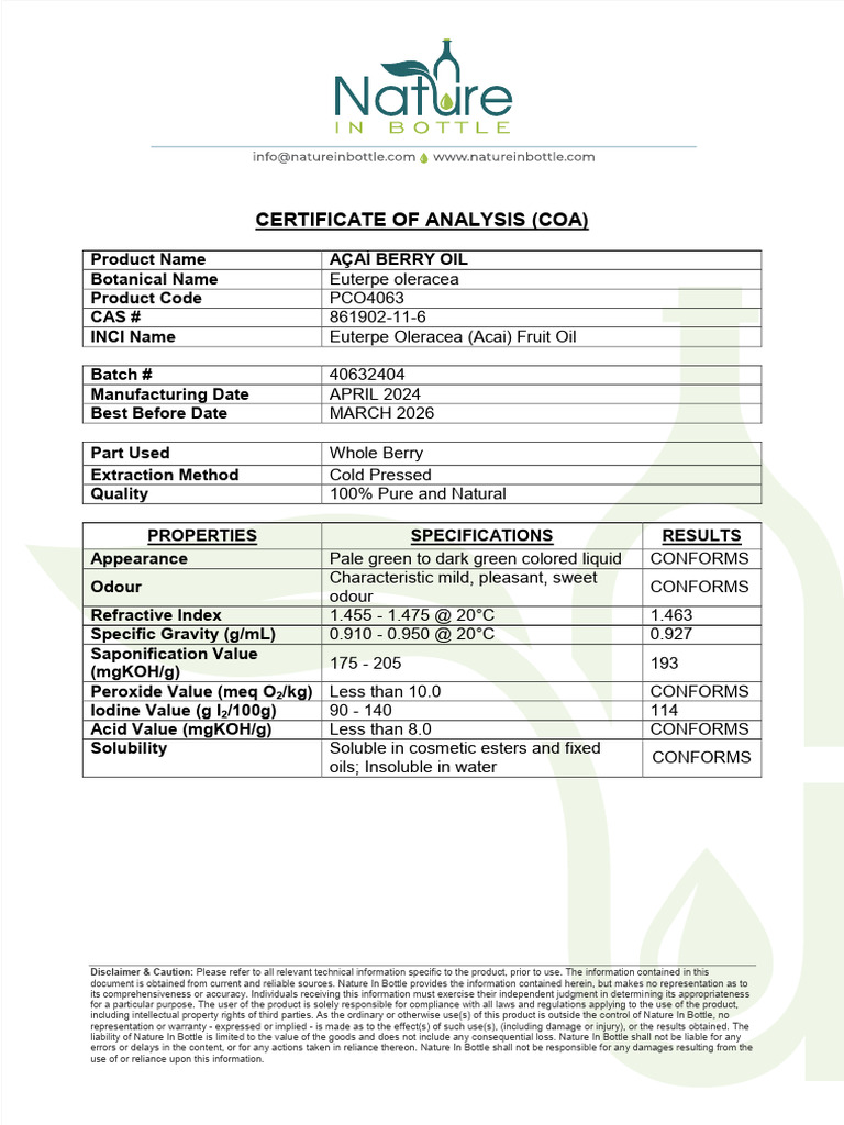 Acai-Berry-Oil COA 40632404 | PDF | Organic Compounds | Chemical Substances