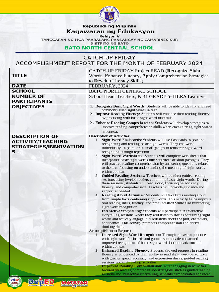 FEBRUARY 2024 CATCH-UP-FRIDAYS-ACCOMPLISHMENT-REPORT - Copy | PDF ...