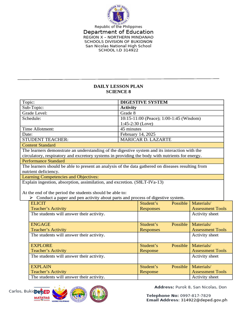Activity Digestive System 7es-Lp | PDF | Teachers | Teaching