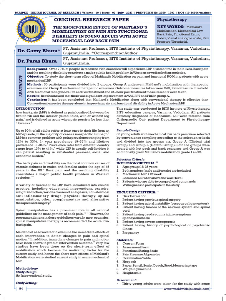 Maitland Mobilization for Acute LBP | PDF | Physical Therapy | Pain