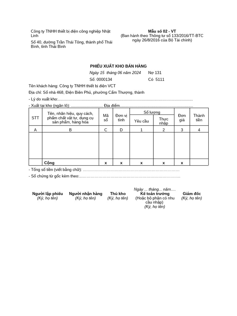 Phieu Xuat Kho 2016 Thong Tu 133 | PDF