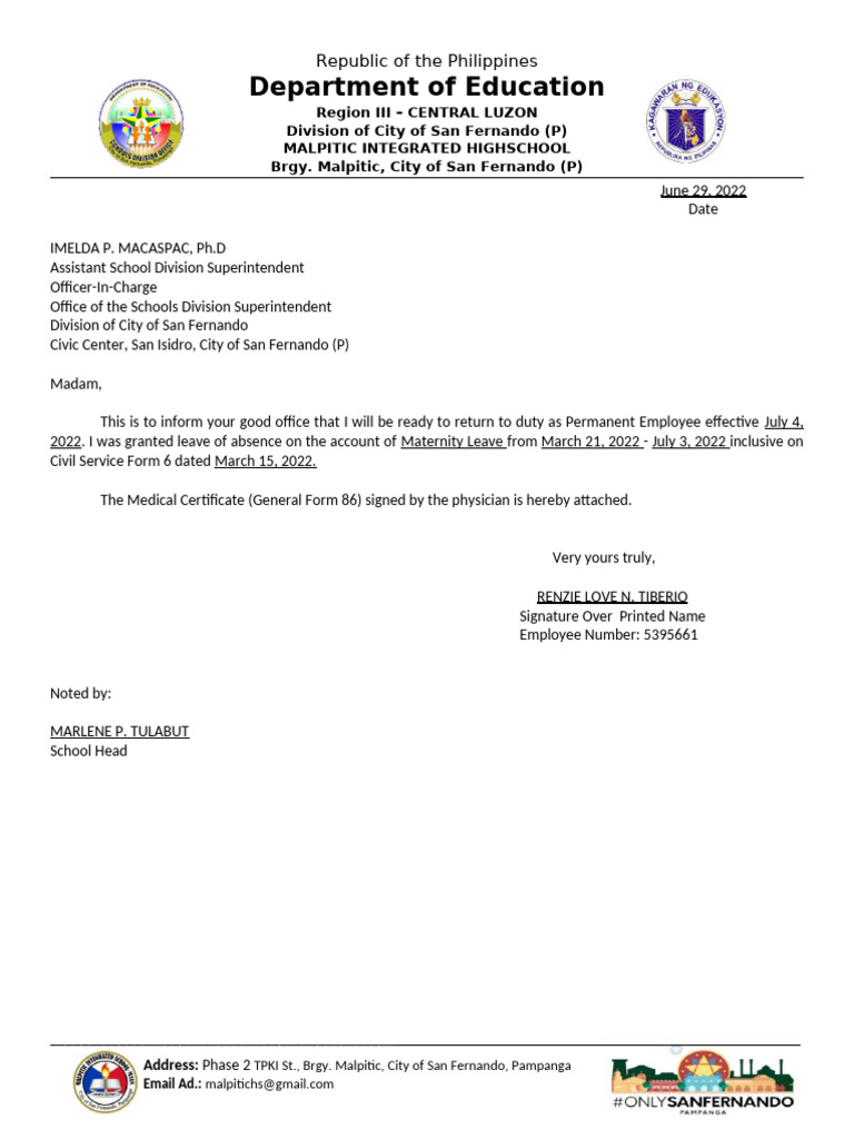 Return to Duty Notification Letter | PDF
