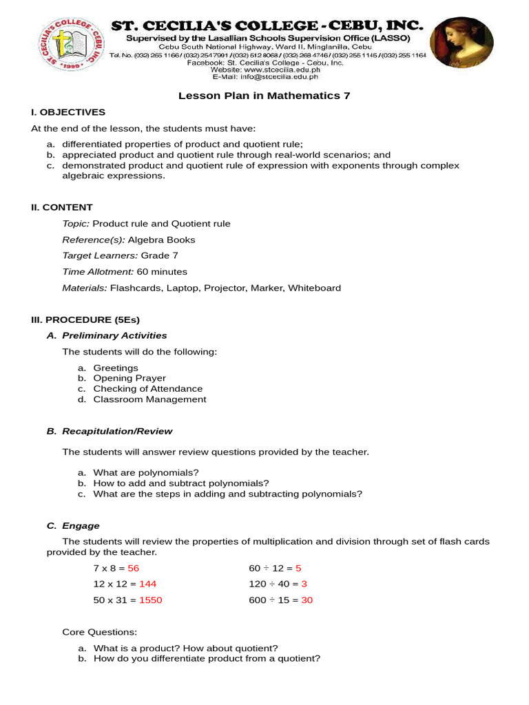 Grade 7 Lesson Plan: Product & Quotient Rules | PDF