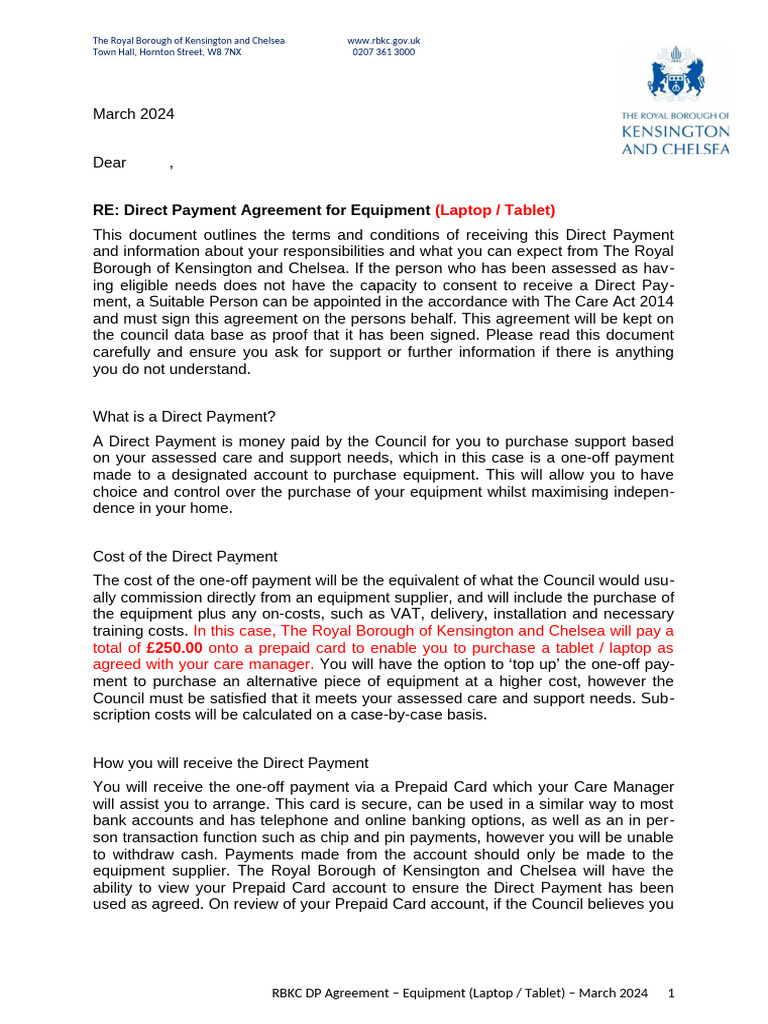 RBKC DP Agreement For Tablet - March 2024 2 | PDF | Debit Card | Payments