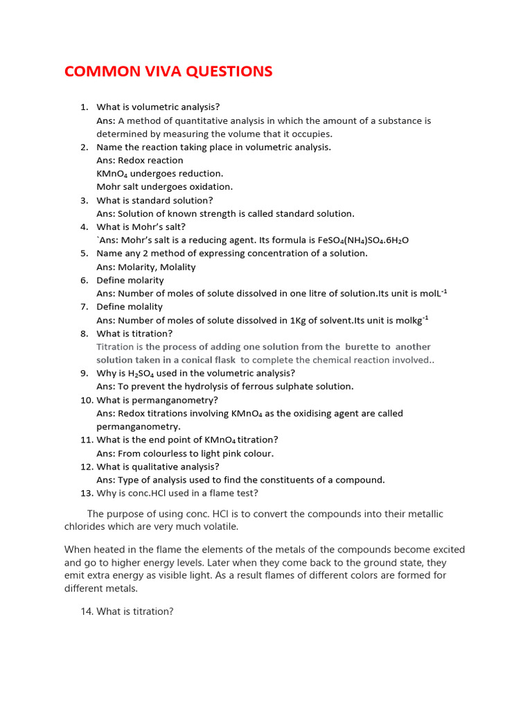 VIVA QUESTIONS | PDF | Titration | Chemistry