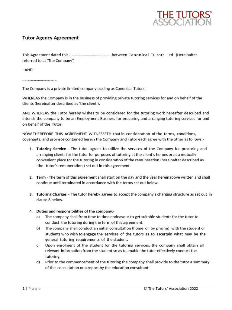 Tutor Service Agreement | PDF | Indemnity | Common Law