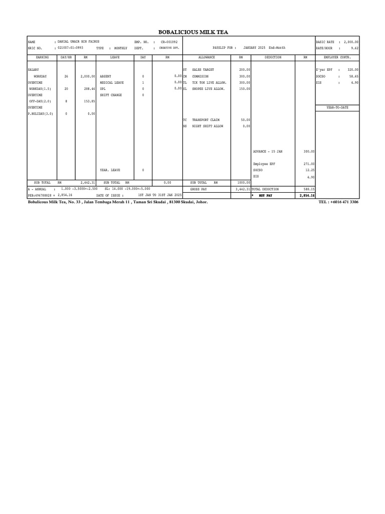 Danial Payslip Jan 2025 | PDF | Overtime | Private Law
