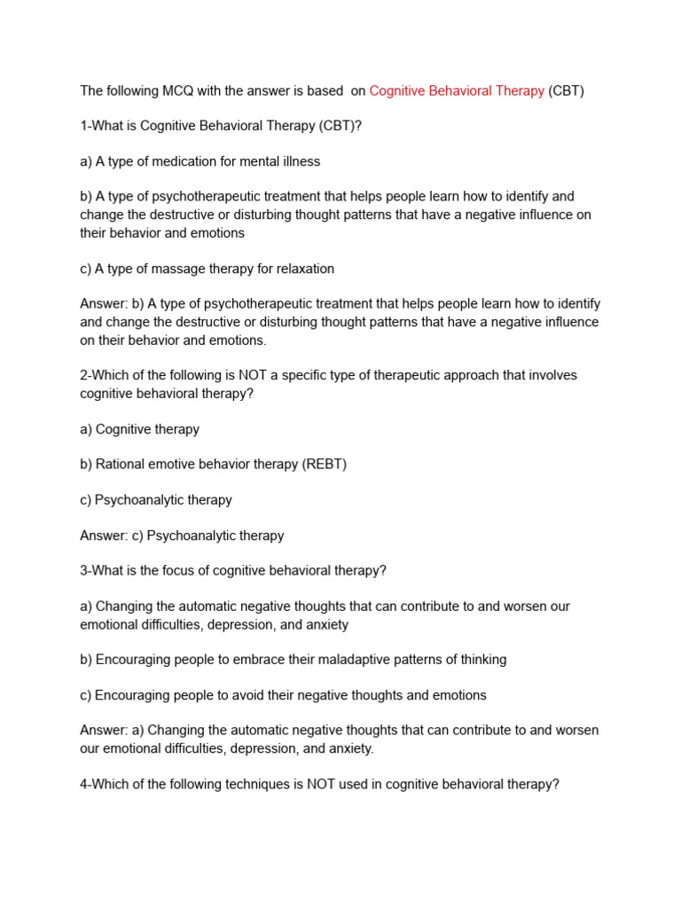 CBT Multiple Choice Questions and Answers | PDF | Cognitive Behavioral ...