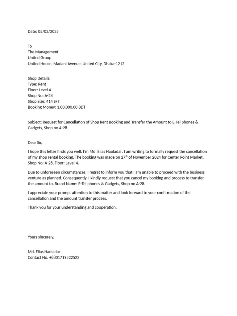 Cancellation Letter of Shop, A-28, Level - 4 | PDF