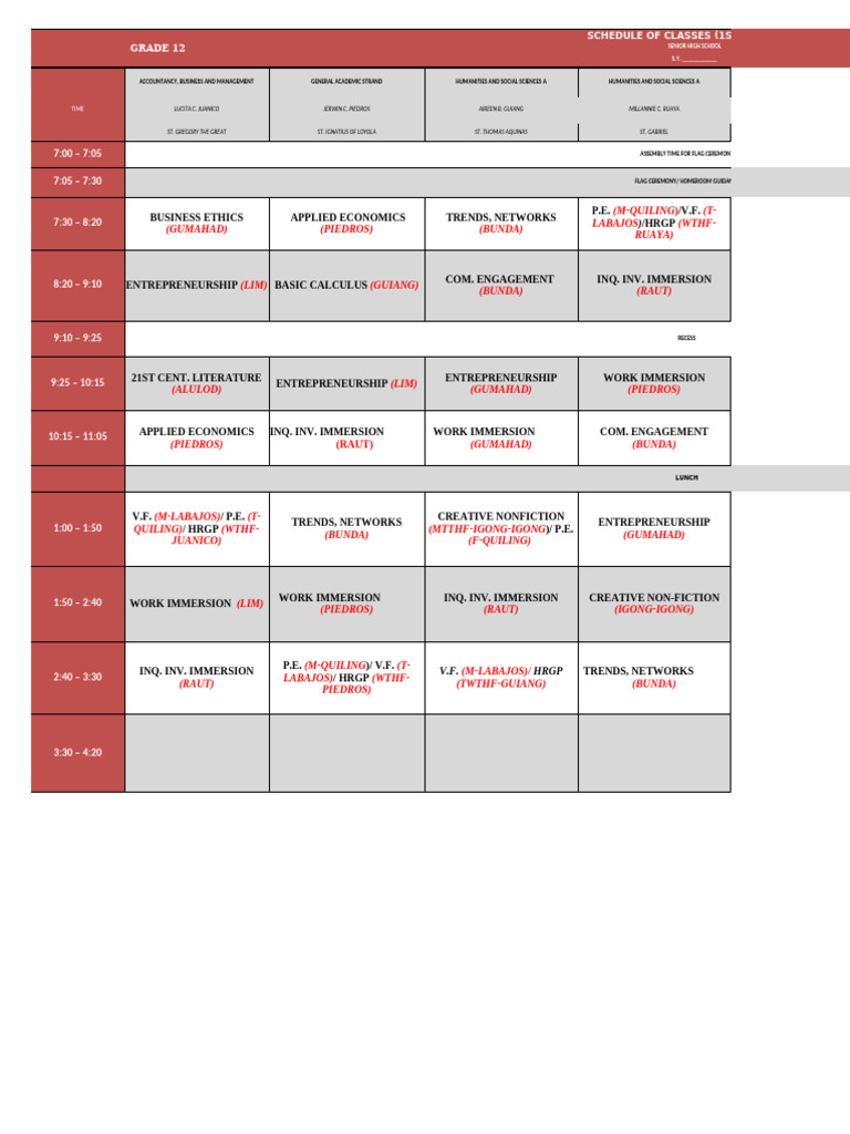 2nd Sem Final Shs Class Schedule 2024 2025 | PDF | Science