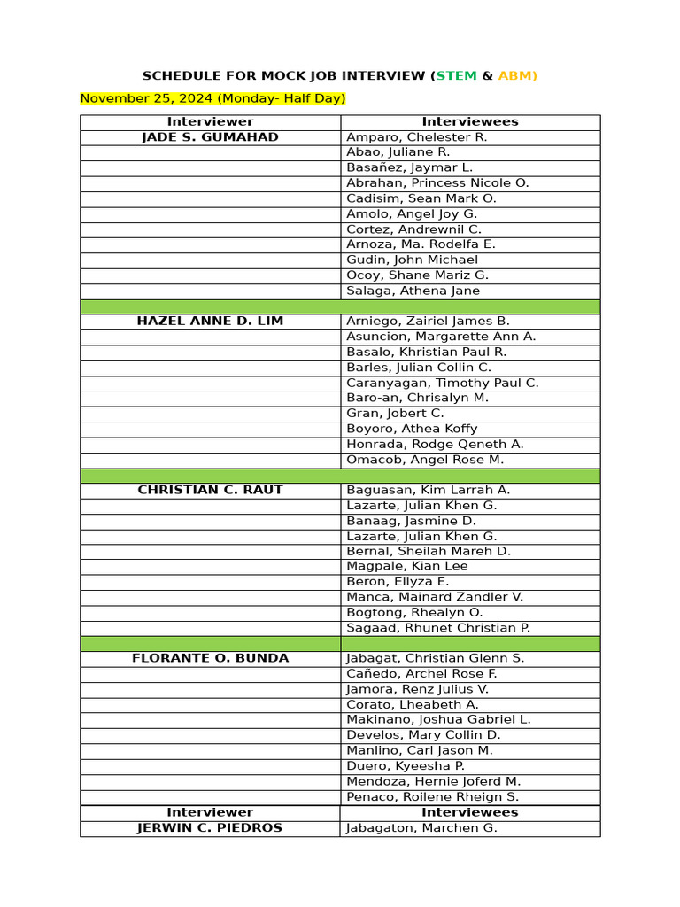 Schedule for Mock Job Interview | PDF