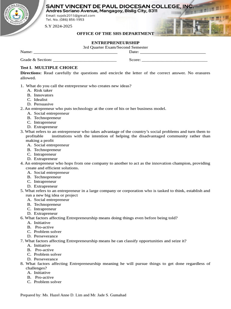 ENTREP (3rd Quarter Exam) | PDF | Entrepreneurship | Profit (Economics)