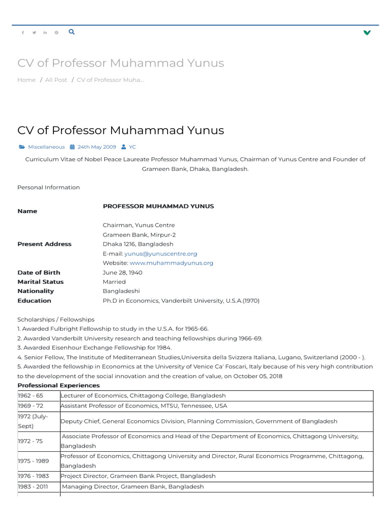 CV of Professor Muhammad Yunus | PDF | Grameen Bank