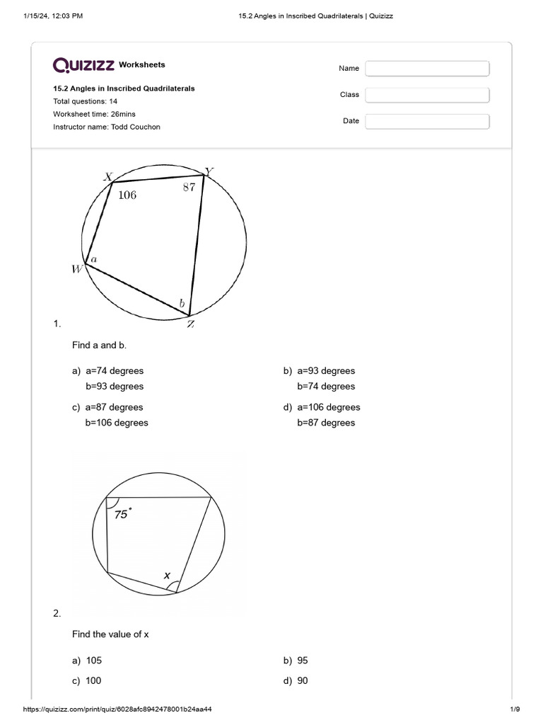 Angles in Inscribed Quadrilaterals Worksheet | PDF | Angle | Euclid